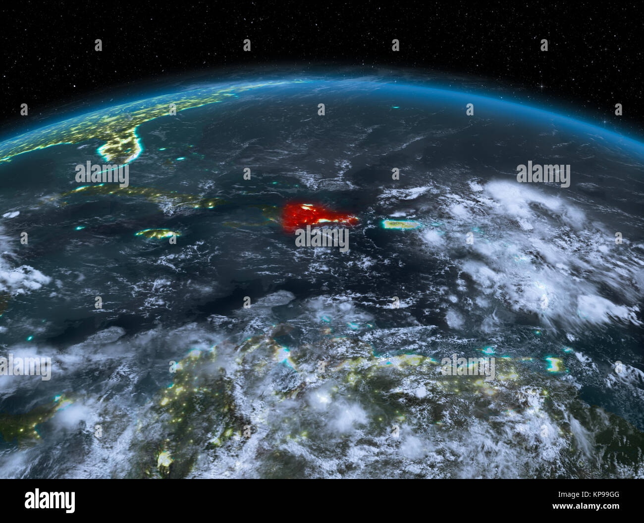 Satellite night view of Dominican Republic highlighted in red on planet Earth with clouds. 3D ...