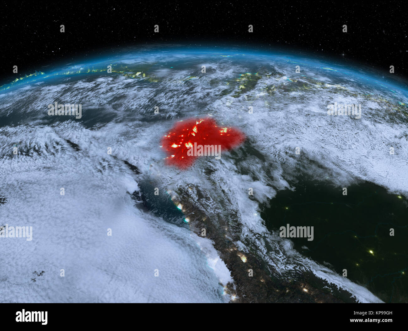 Satellite night view of Ecuador highlighted in red on planet Earth with clouds. 3D illustration ...