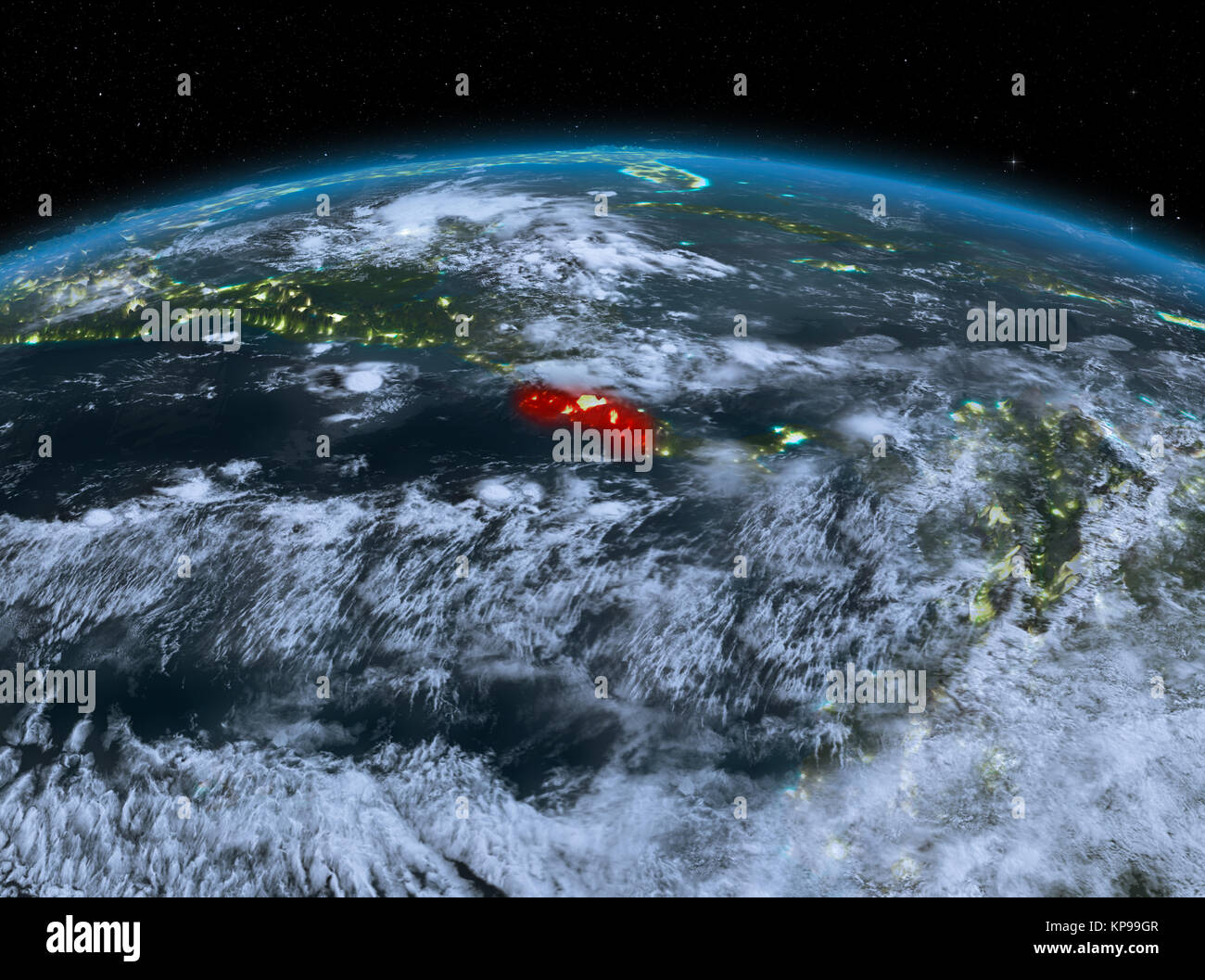 Satellite night view of Costa Rica highlighted in red on planet Earth with clouds. 3D ...