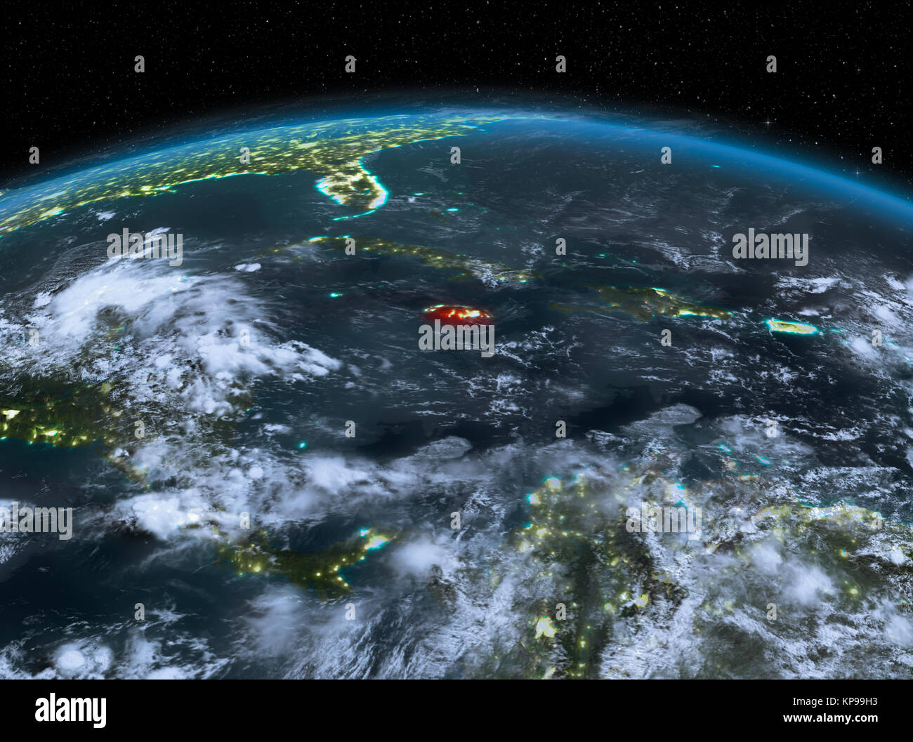 Satellite night view of Jamaica highlighted in red on planet Earth with clouds. 3D illustration ...