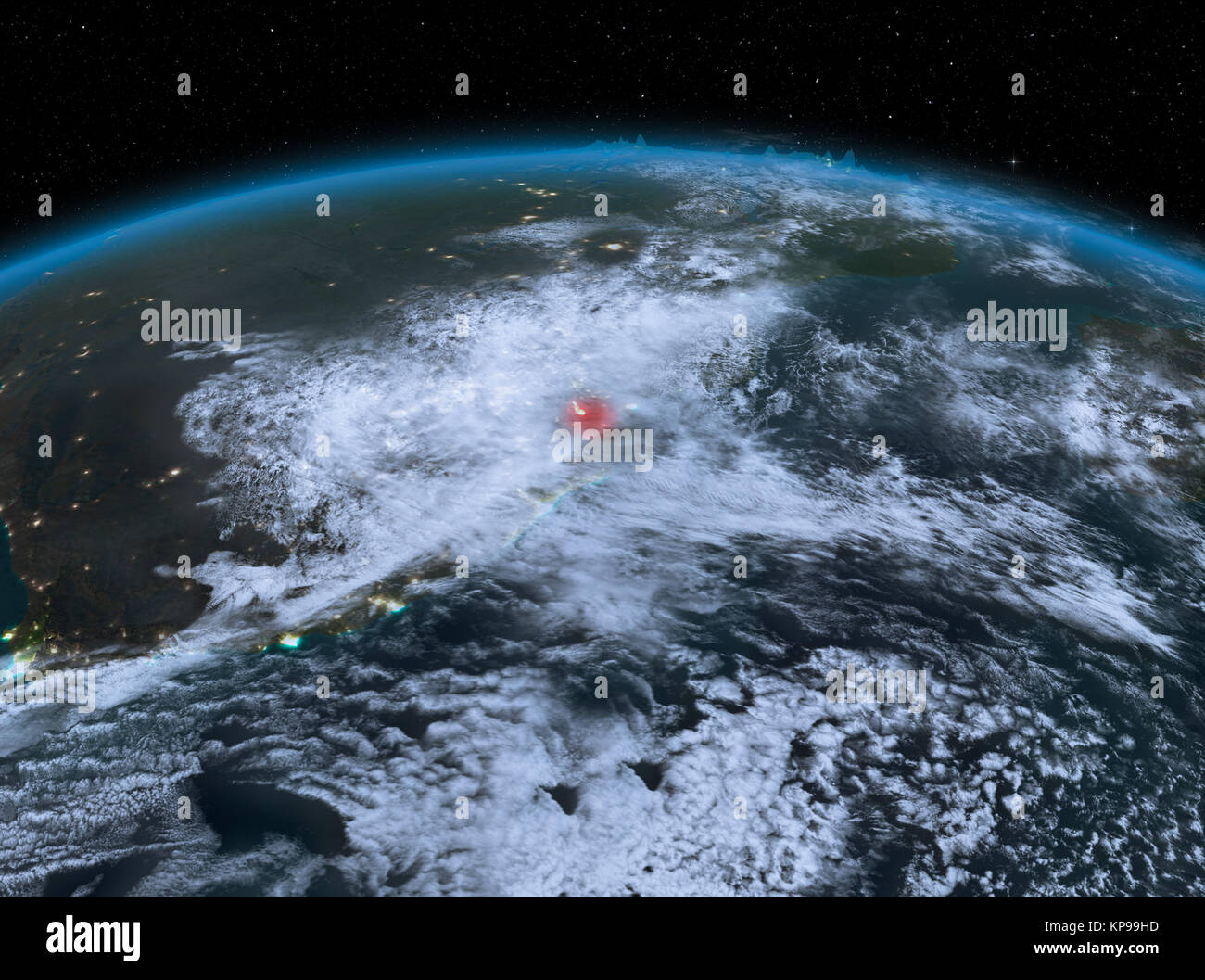 Satellite night view of Swaziland highlighted in red on planet Earth with clouds. 3D ...