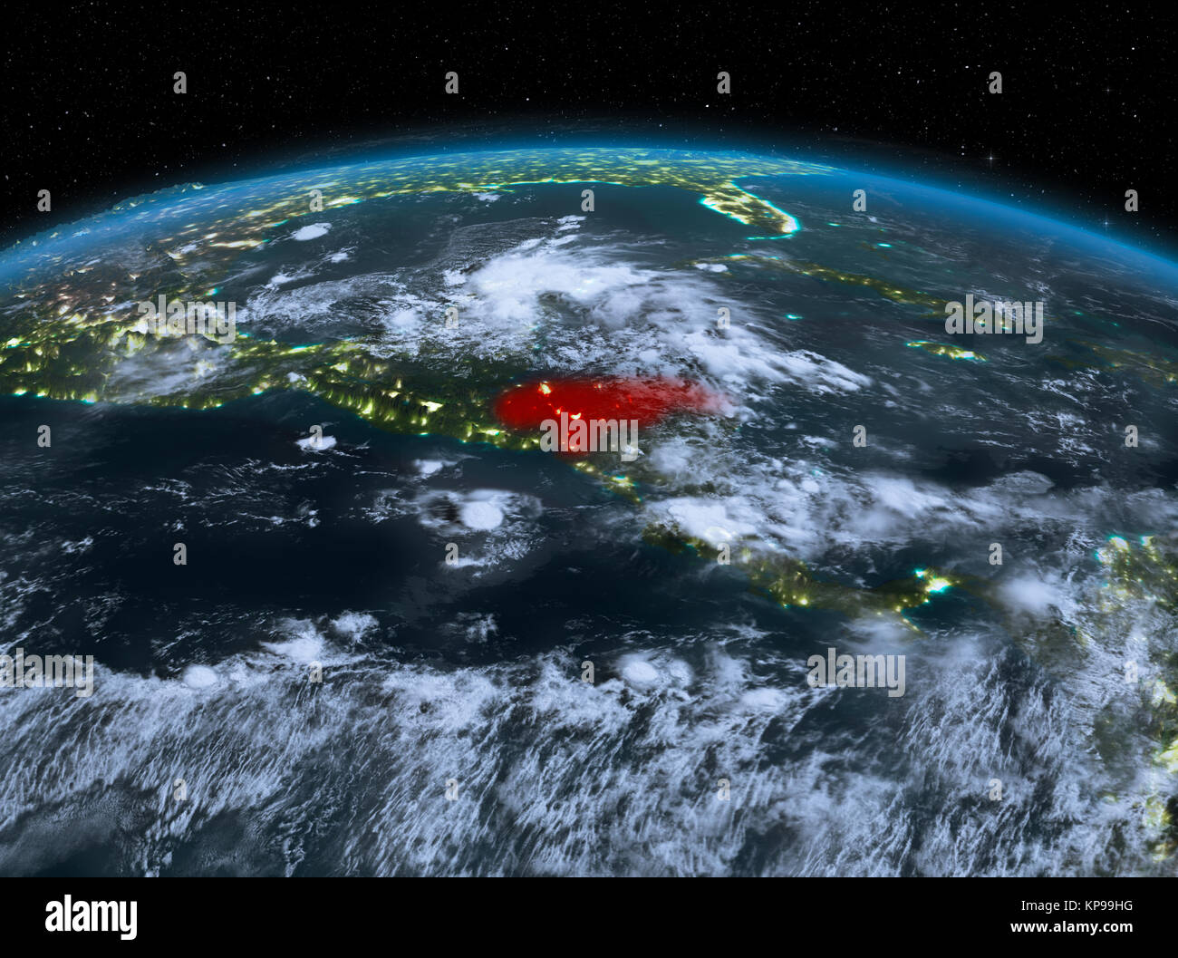 Satellite night view of Honduras highlighted in red on planet Earth with clouds. 3D illustration ...