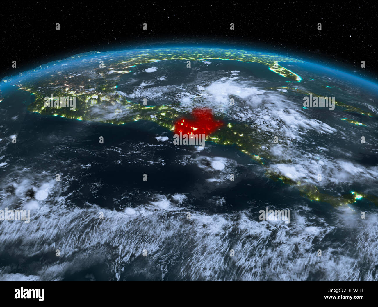 Satellite night view of Guatemala highlighted in red on planet Earth with clouds. 3D ...