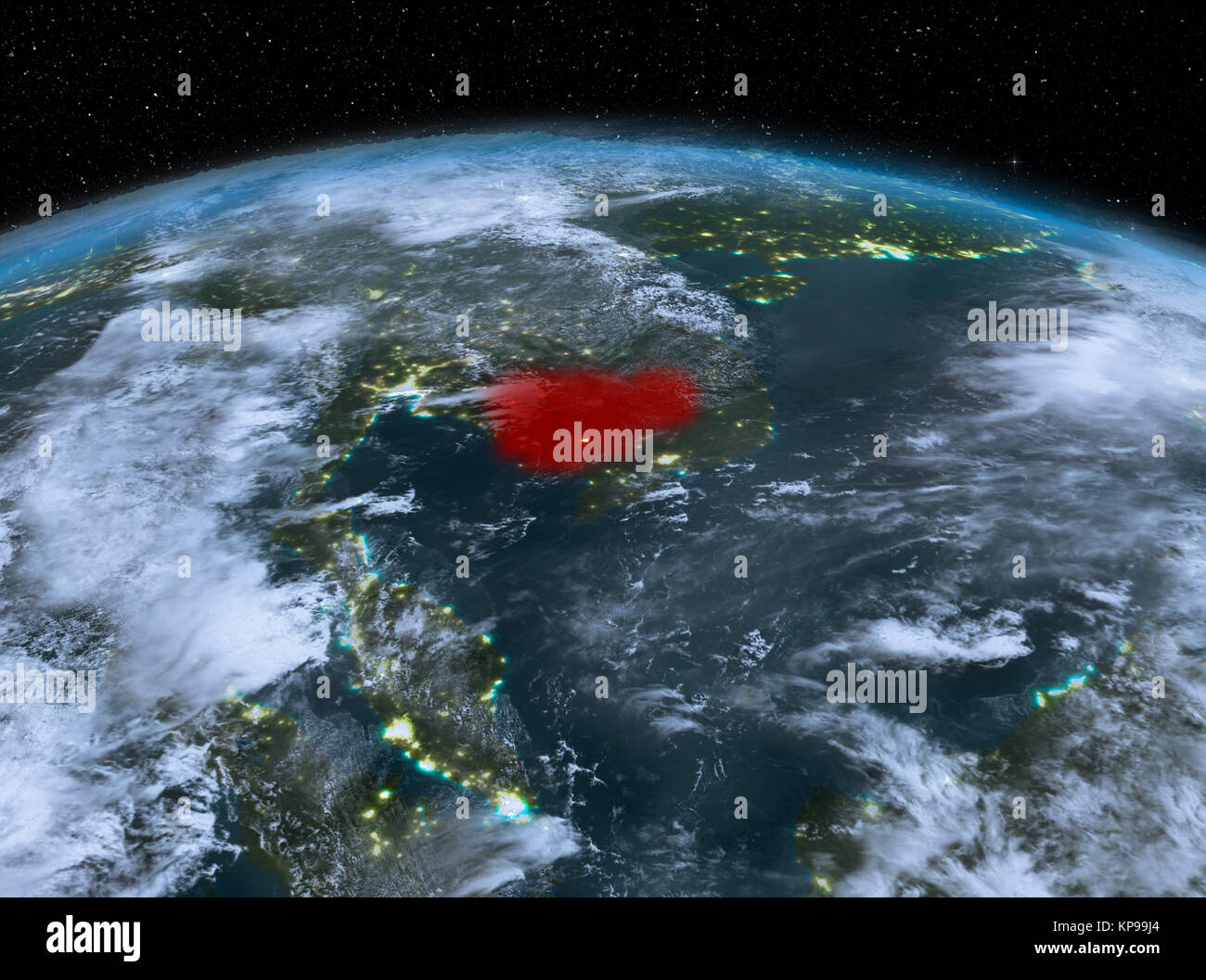 Satellite night view of Cambodia highlighted in red on planet Earth with clouds. 3D illustration ...
