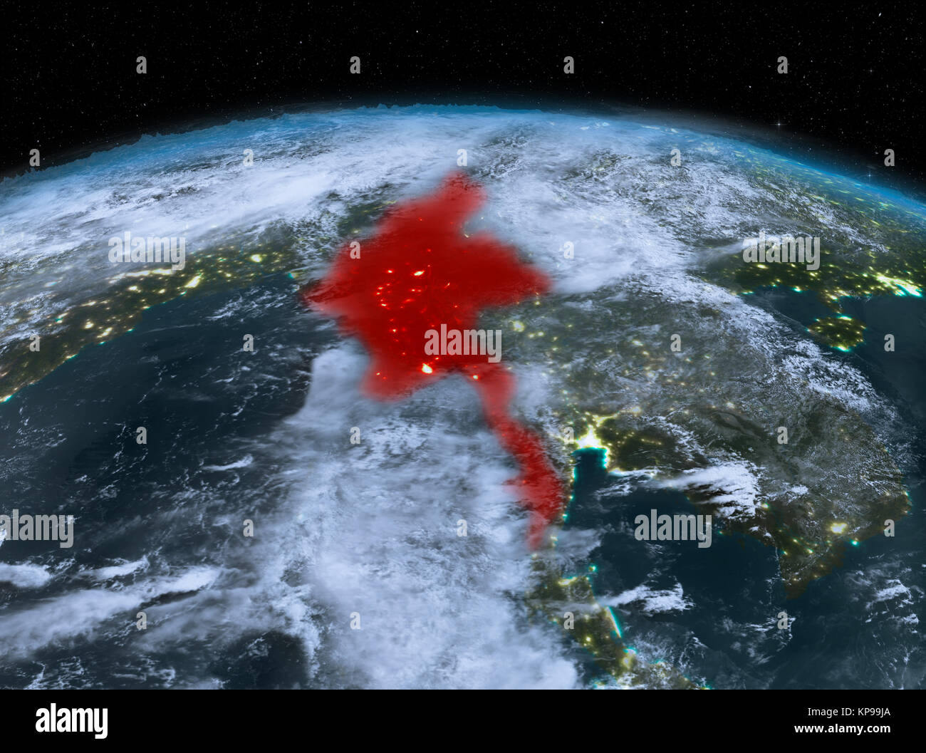 Satellite night view of Myanmar highlighted in red on planet Earth with clouds. 3D illustration ...