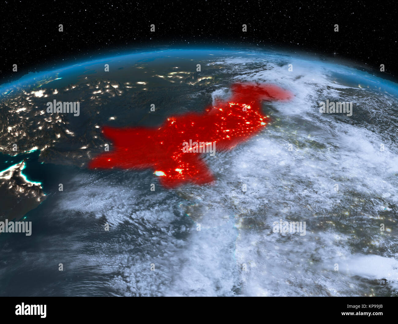 Satellite night view of Pakistan highlighted in red on planet Earth with clouds. 3D illustration ...