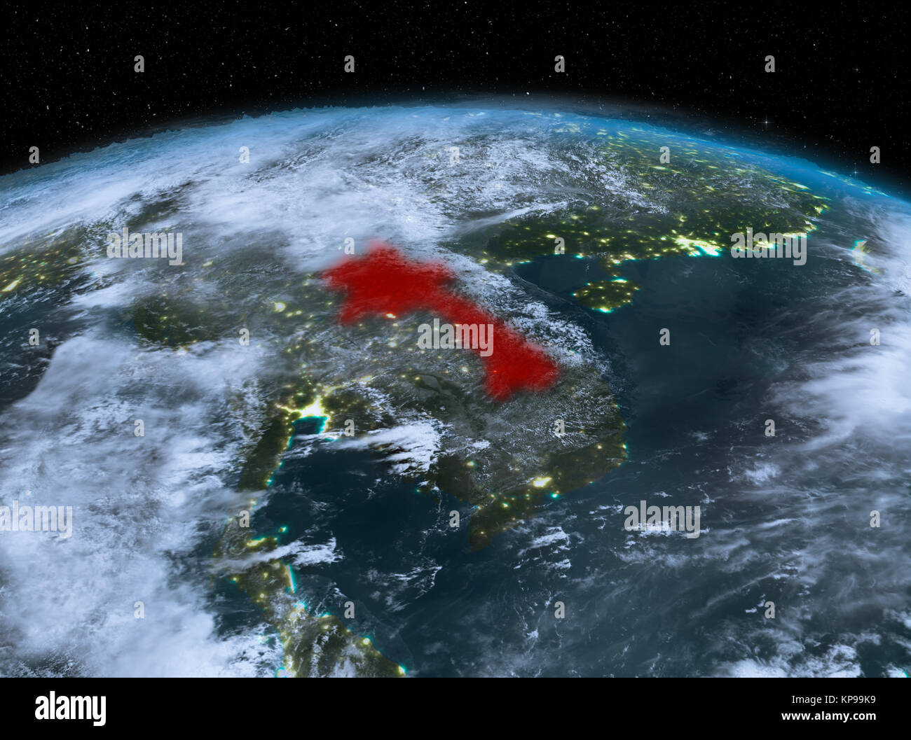 Satellite night view of Laos highlighted in red on planet Earth with clouds. 3D illustration ...