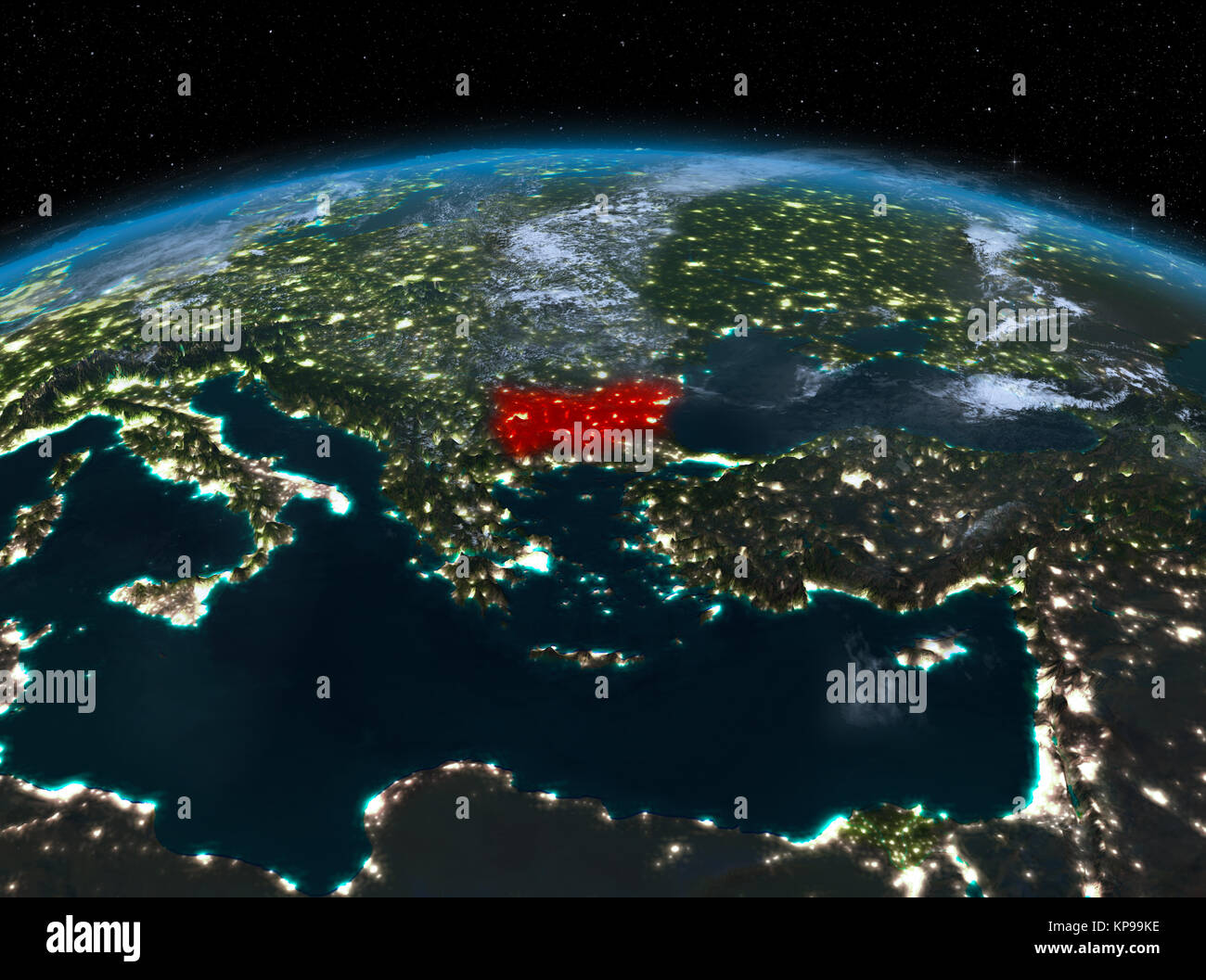 Satellite night view of Bulgaria highlighted in red on planet Earth ...