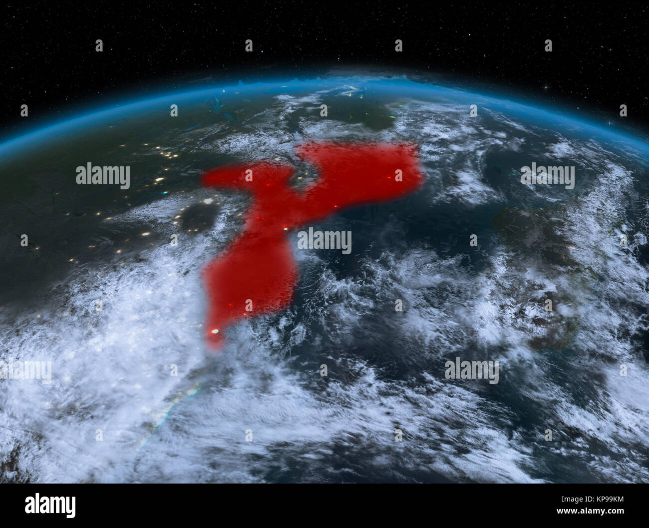 Satellite night view of Mozambique highlighted in red on planet Earth with clouds. 3D ...