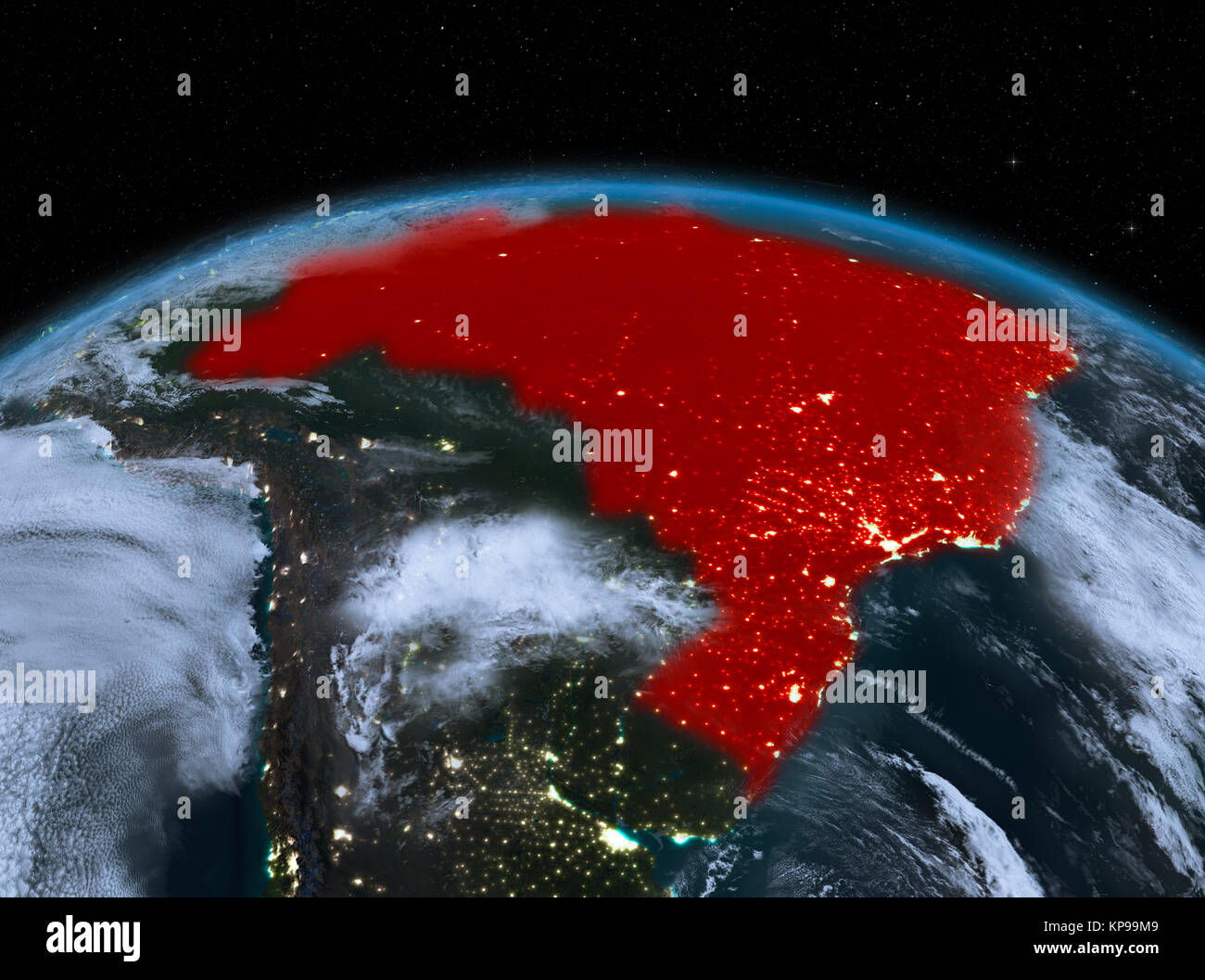 Satellite night view of Brazil highlighted in red on planet Earth with clouds. 3D illustration ...