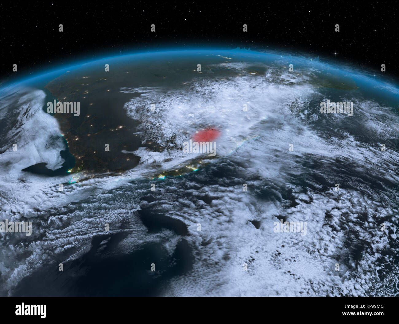 Satellite night view of Lesotho highlighted in red on planet Earth with clouds. 3D illustration ...