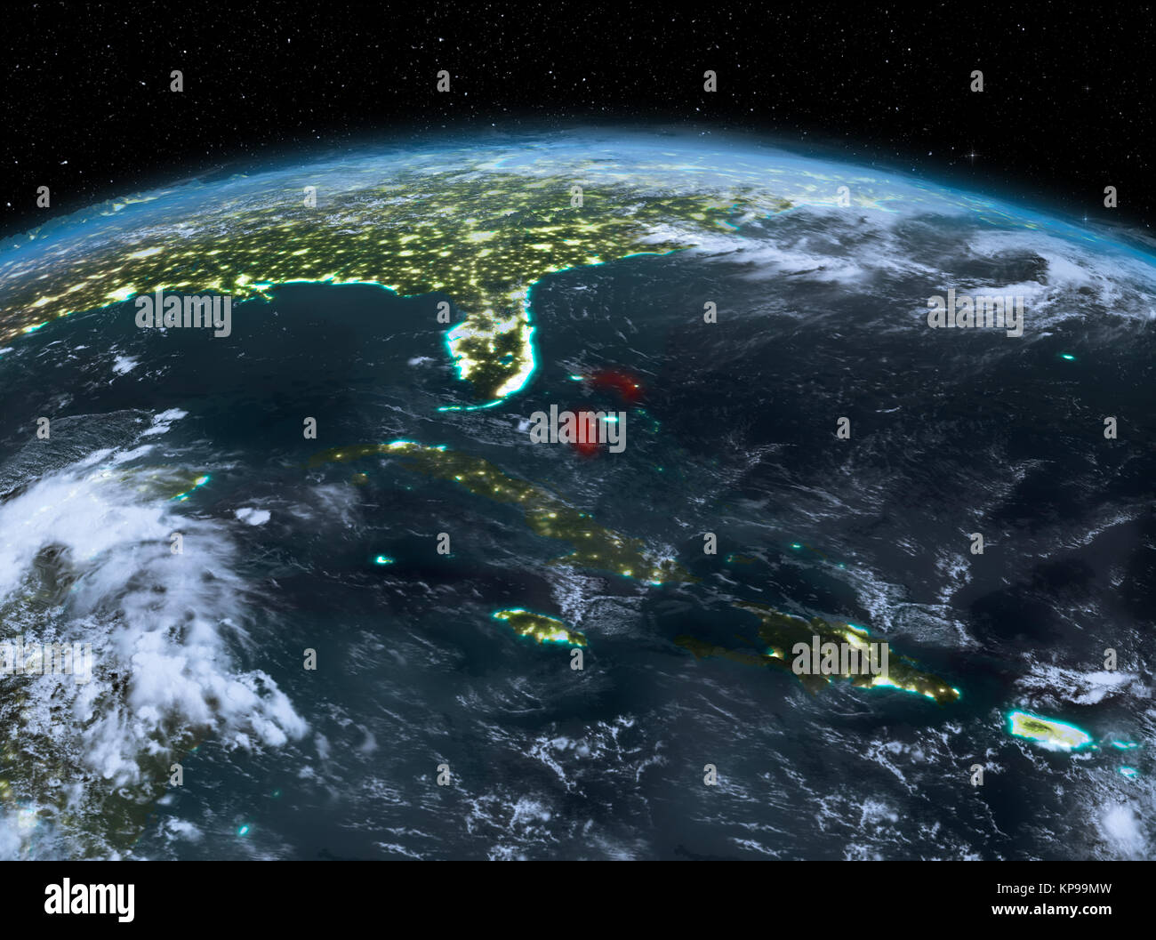 Satellite night view of Bahamas highlighted in red on planet Earth with ...