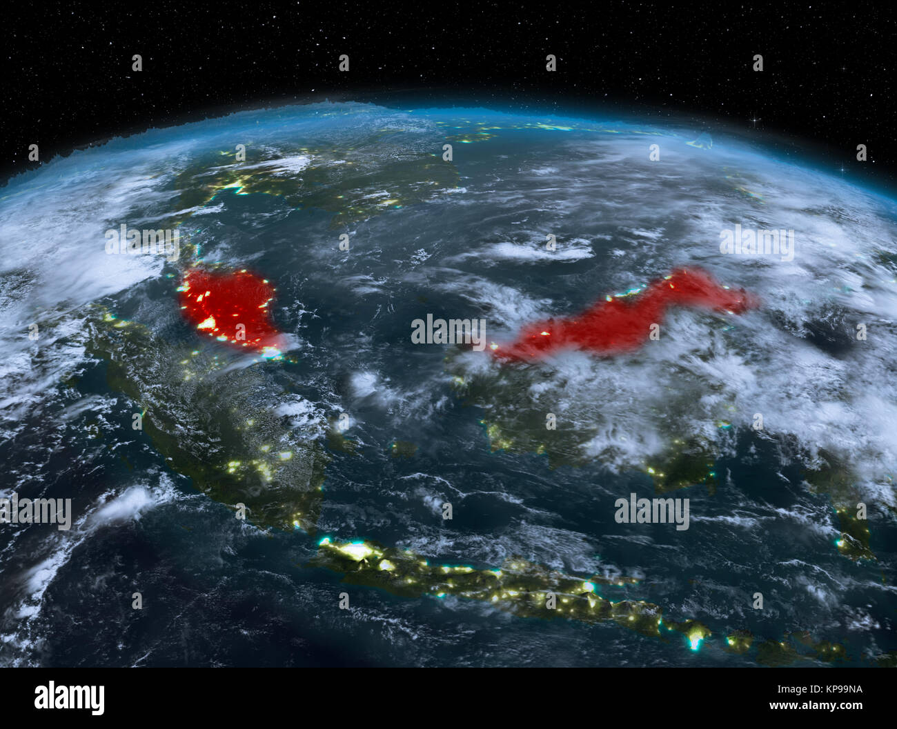 Satellite night view of Malaysia highlighted in red on planet Earth with clouds. 3D illustration ...