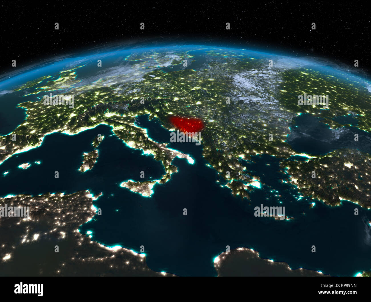 Satellite night view of Bosnia and Herzegovina highlighted in red on planet Earth with clouds ...