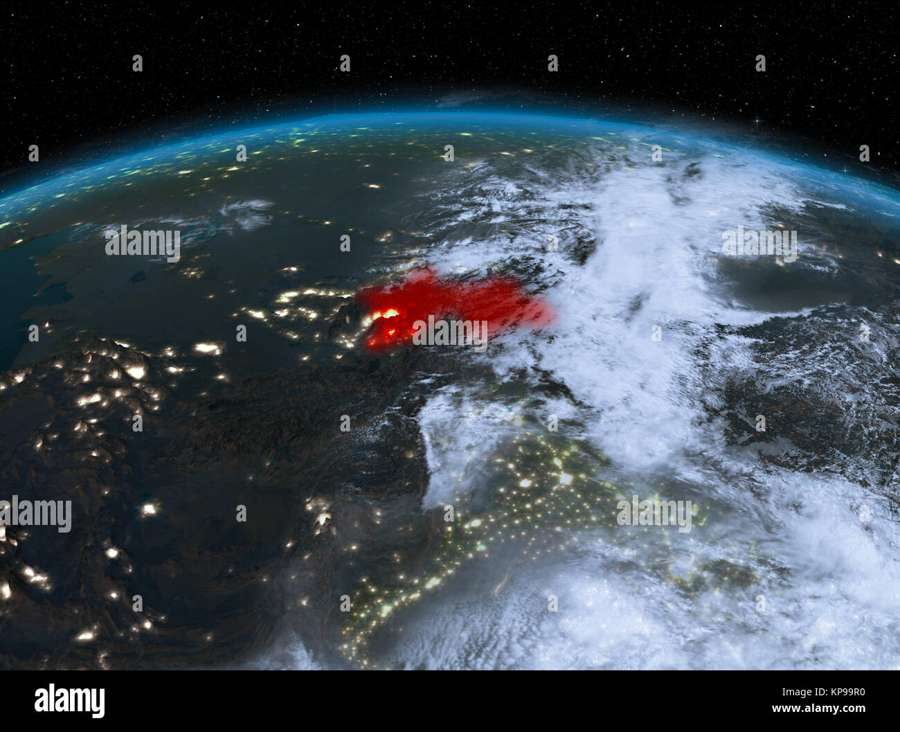 Satellite night view of Tajikistan highlighted in red on planet Earth with clouds. 3D ...