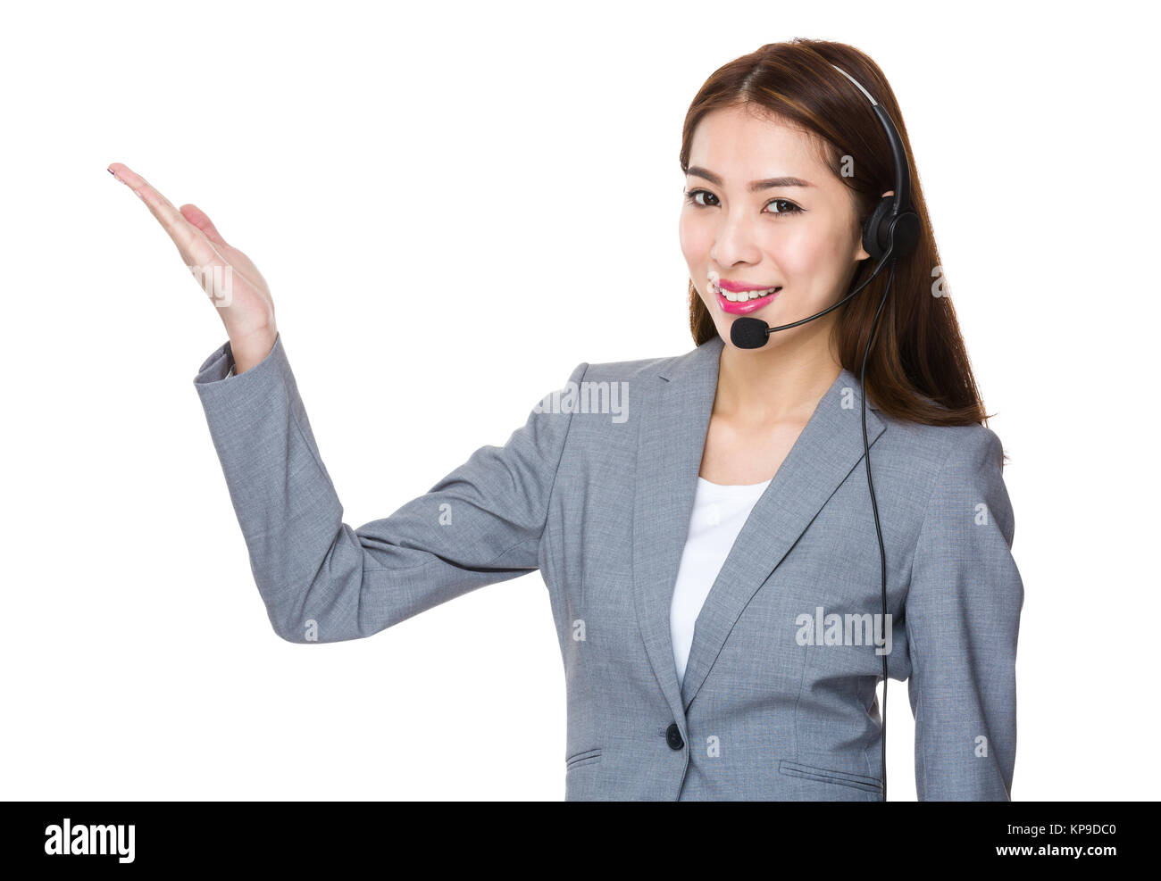 Customer services assistant with open hand palm Stock Photo - Alamy