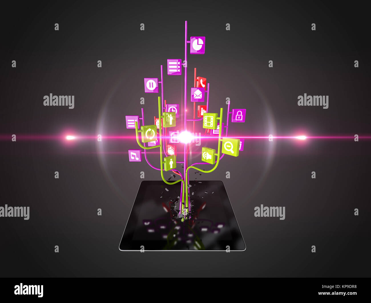 Social media icons set in tree shape on Modern black tablet pc Stock ...