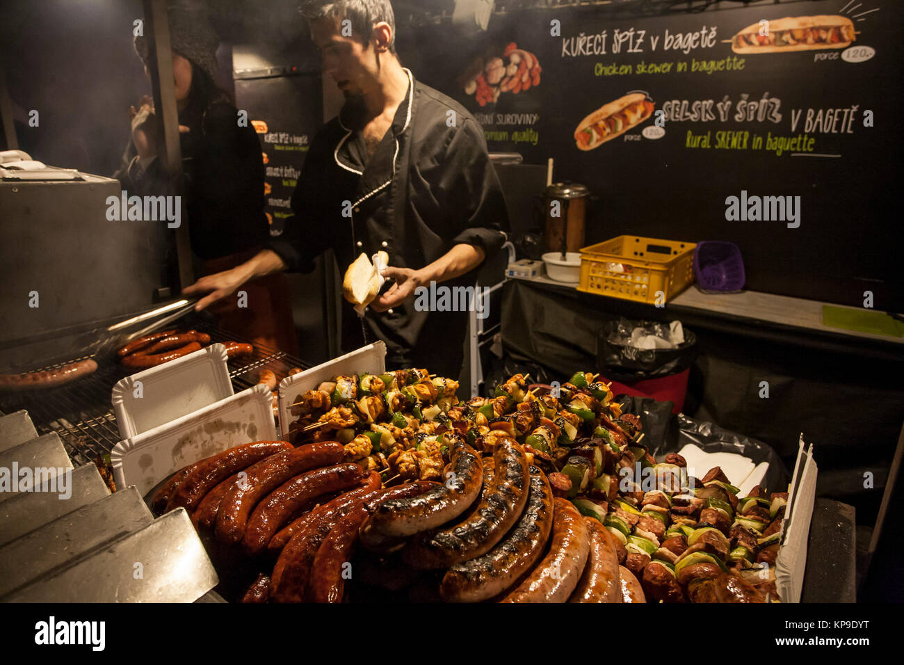 Christmas fast food kiosk with grilled meat at Old Town square in ...