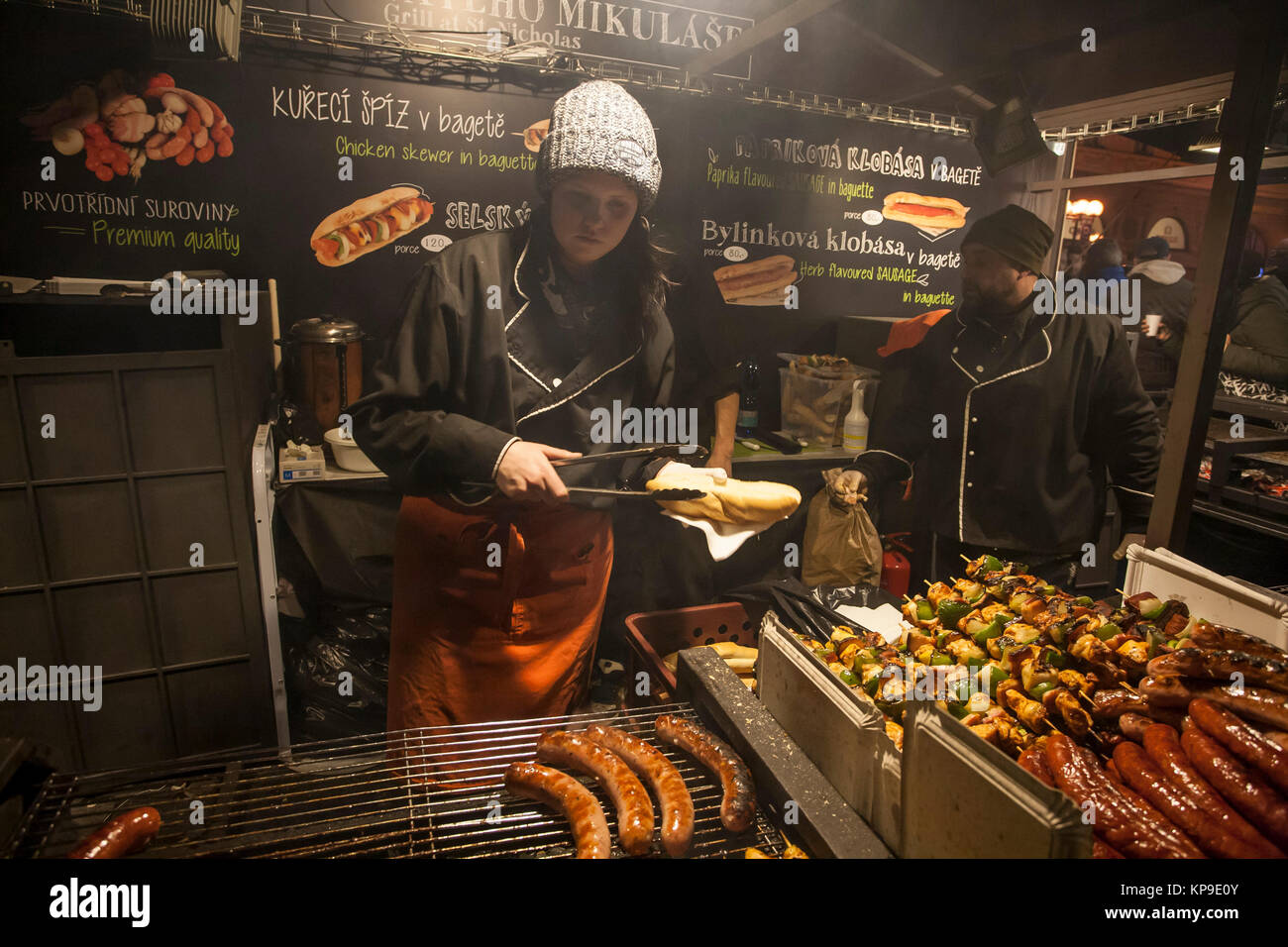 Christmas fast food kiosk with grilled meat at Old Town square in ...