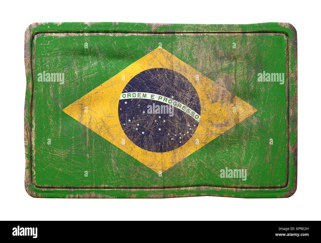3d rendering of a Brazil flag over a rusty metallic plate. Isolated on ...