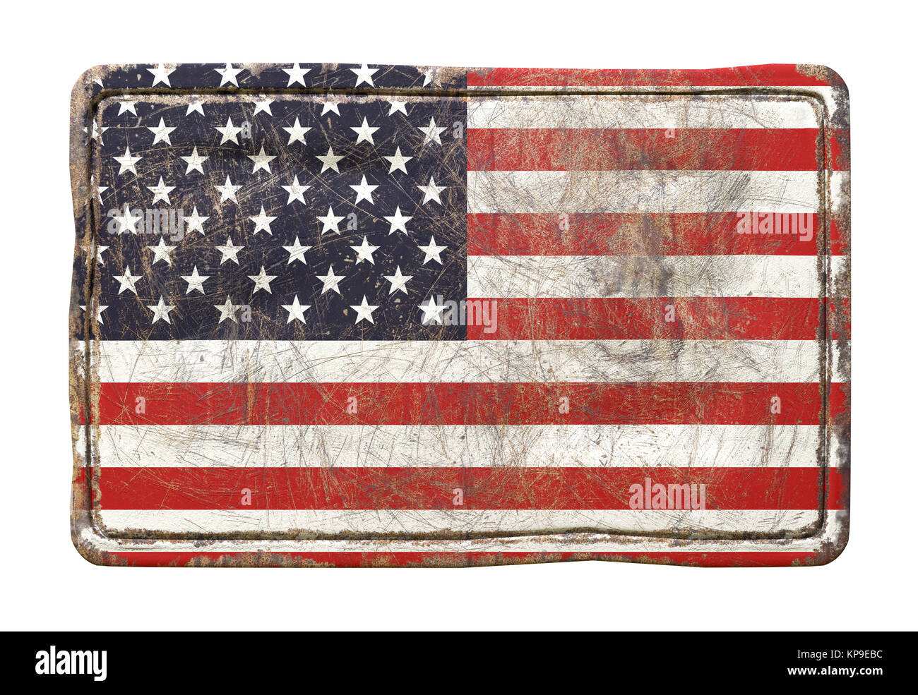 3d rendering of a United States of America flag over a rusty metallic ...