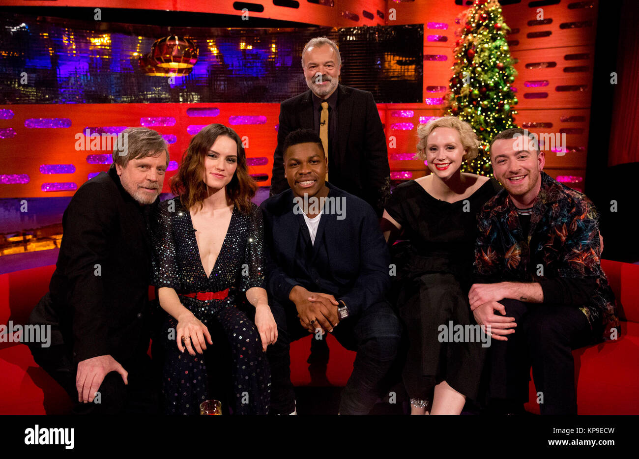 (left to right) Mark Hamill, Daisy Ridley, John Boyega, Graham Norton ...
