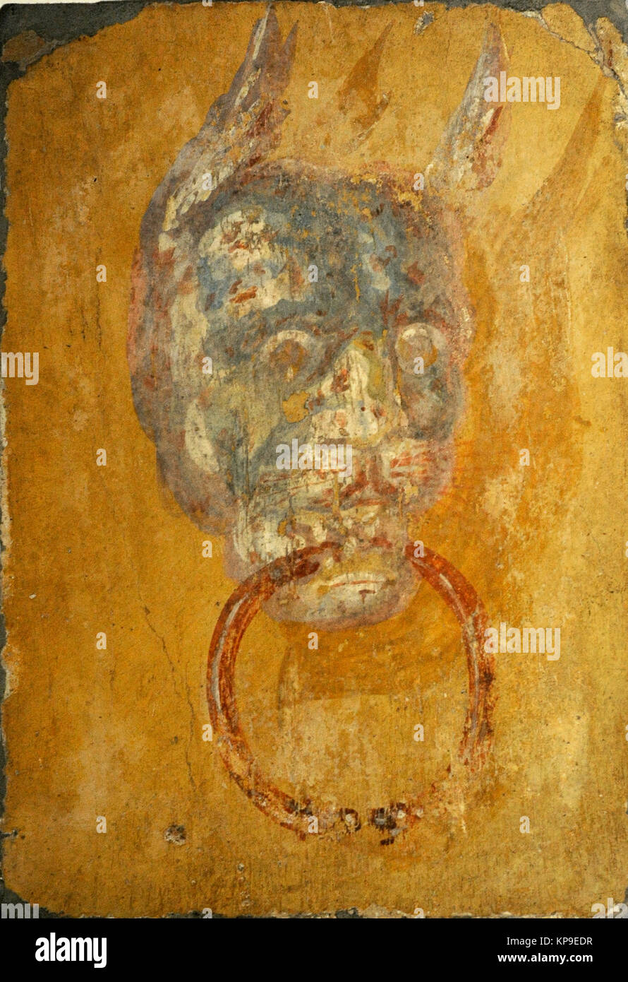 Roman fresco depicting a door frame with a monstrous head. Villa of the ...