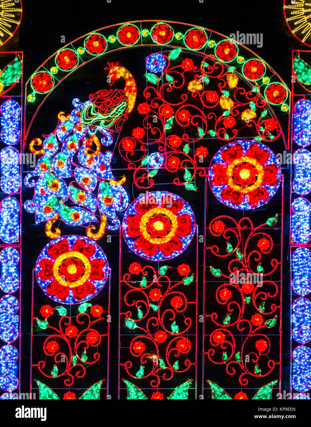 Peacock and flowers lights decoration Stock Photo - Alamy