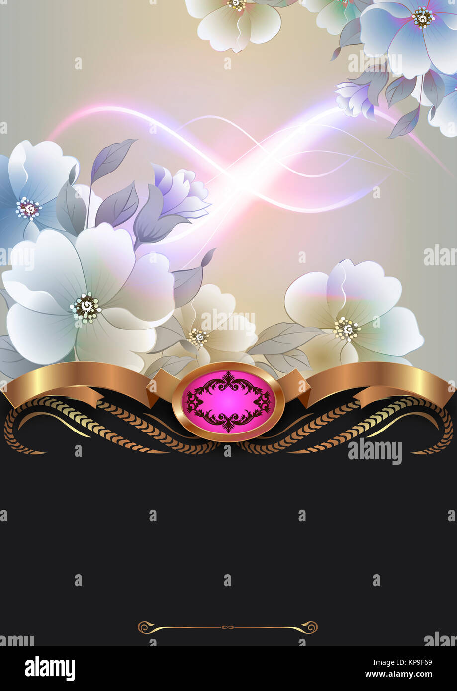 Decoraive floral background with golden ribbon and copy space for text ...