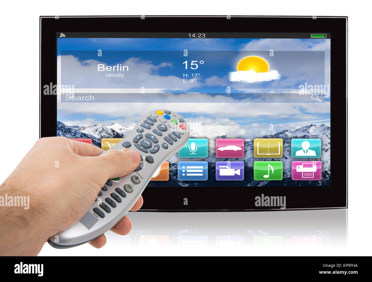 Hand Using Remote Control Of Smart Flat Screen Television Stock Photo ...