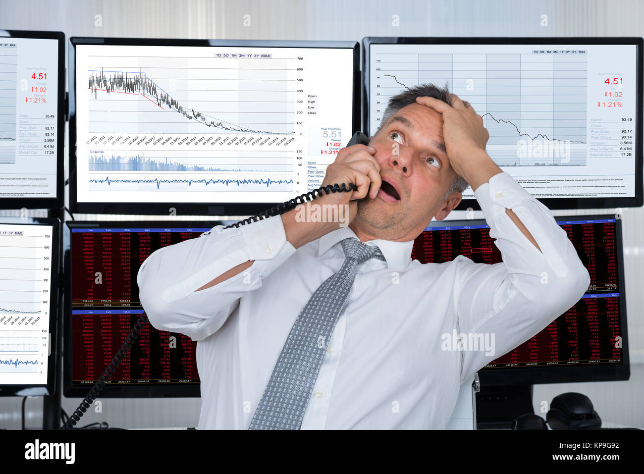 Sad Stock Trader With Hand On Head Using Telephone Stock Photo - Alamy