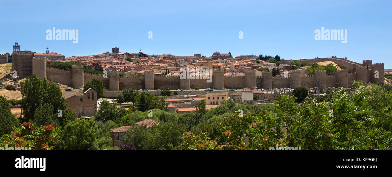 The medieval city walls and the city of Avila in the Castilla-y-Leon ...