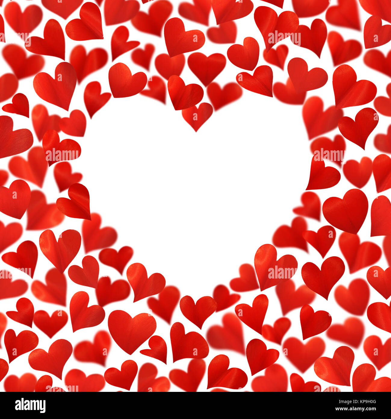 Background with red hearts in 3D, empty space for text in heart shape ...