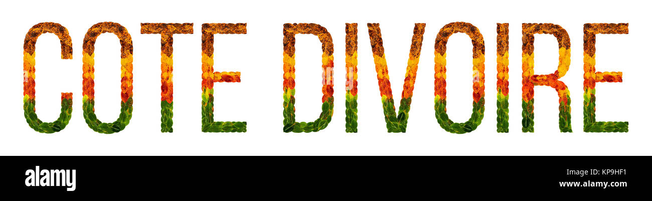 word Cote DIvoire country is written with leaves on a white insulated ...
