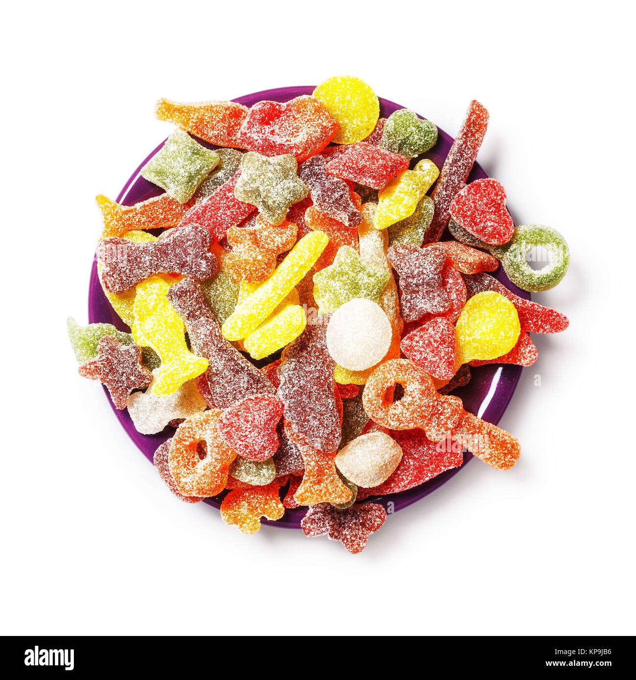 Colorful candy. Top view of gum drops in bowl isolated on white ...