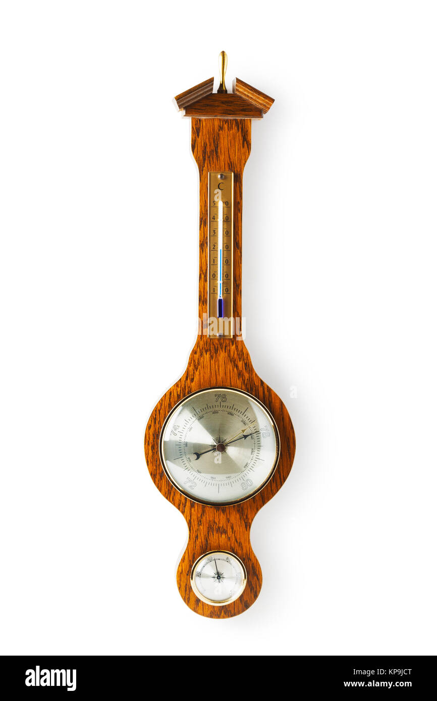 Vintage wooden barometer isolated on white background. Single object ...
