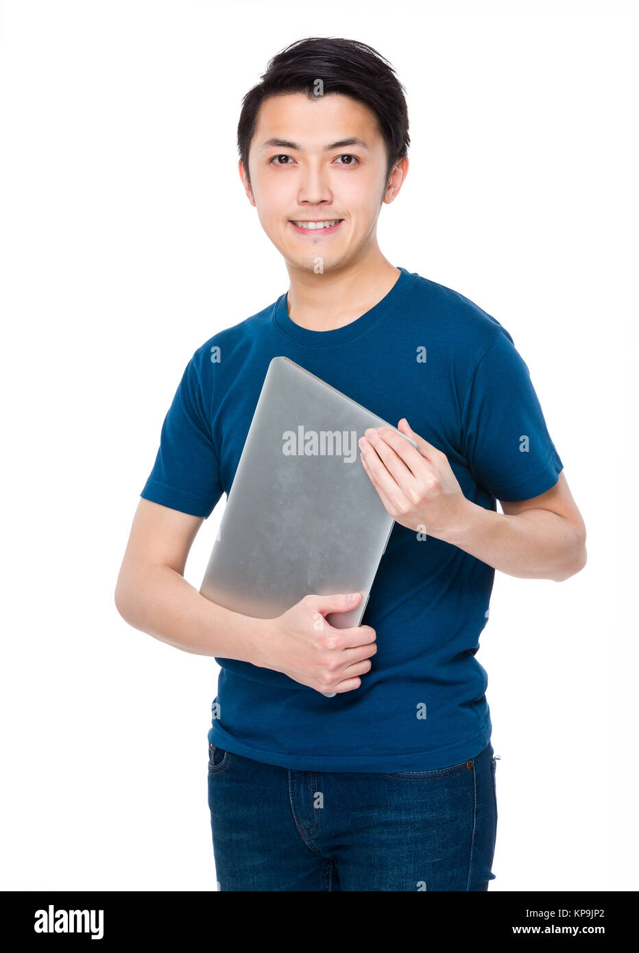 Asian man hold with laptop computer Stock Photo - Alamy