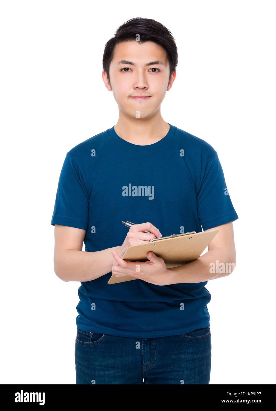 Asian man write on clipboard Stock Photo - Alamy