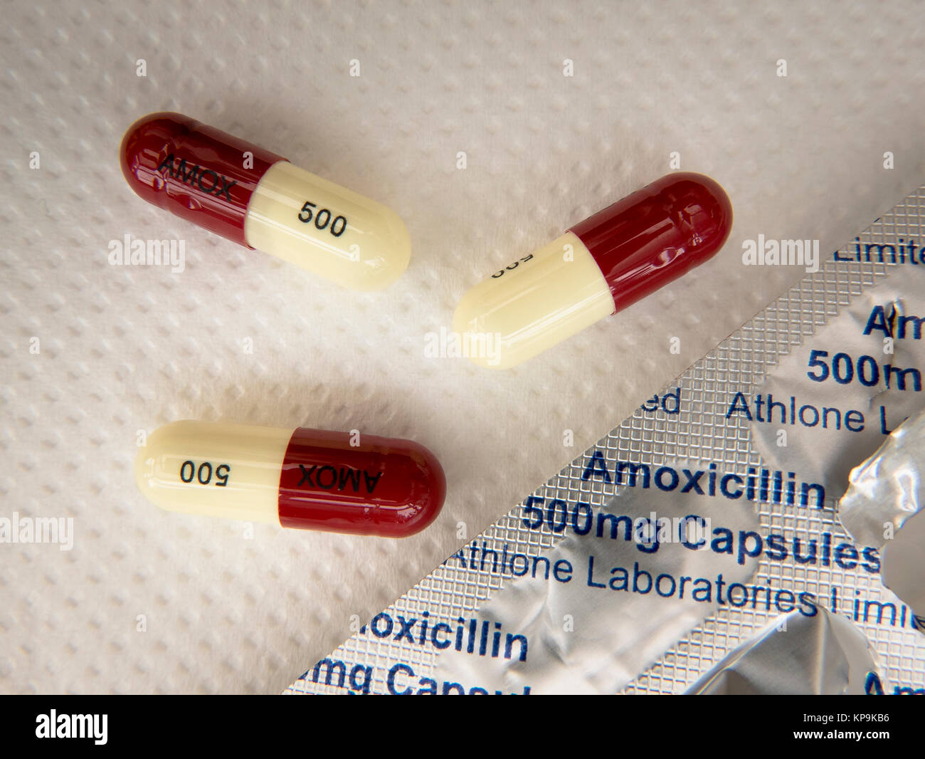 Foil-wrapped colour-coded capsules of anti-biotic medicine AMOXICILLIN ...