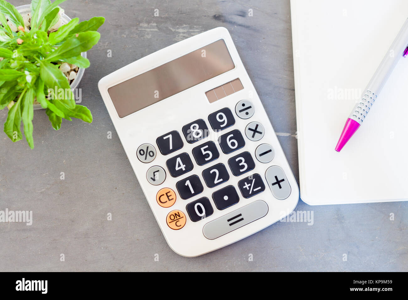 Calculator, notepad, pen and green plant on grey background Stock Photo ... Calculator, notepad, pen and green plant on grey background Stock Photo ...