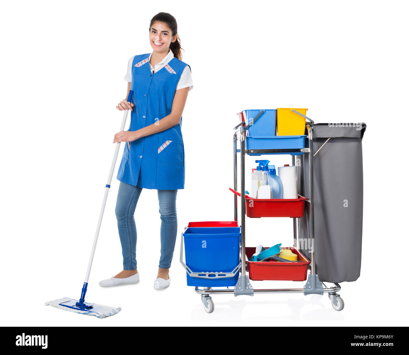 Happy Female Janitor Mopping By Trolley On White Background Stock Photo ...
