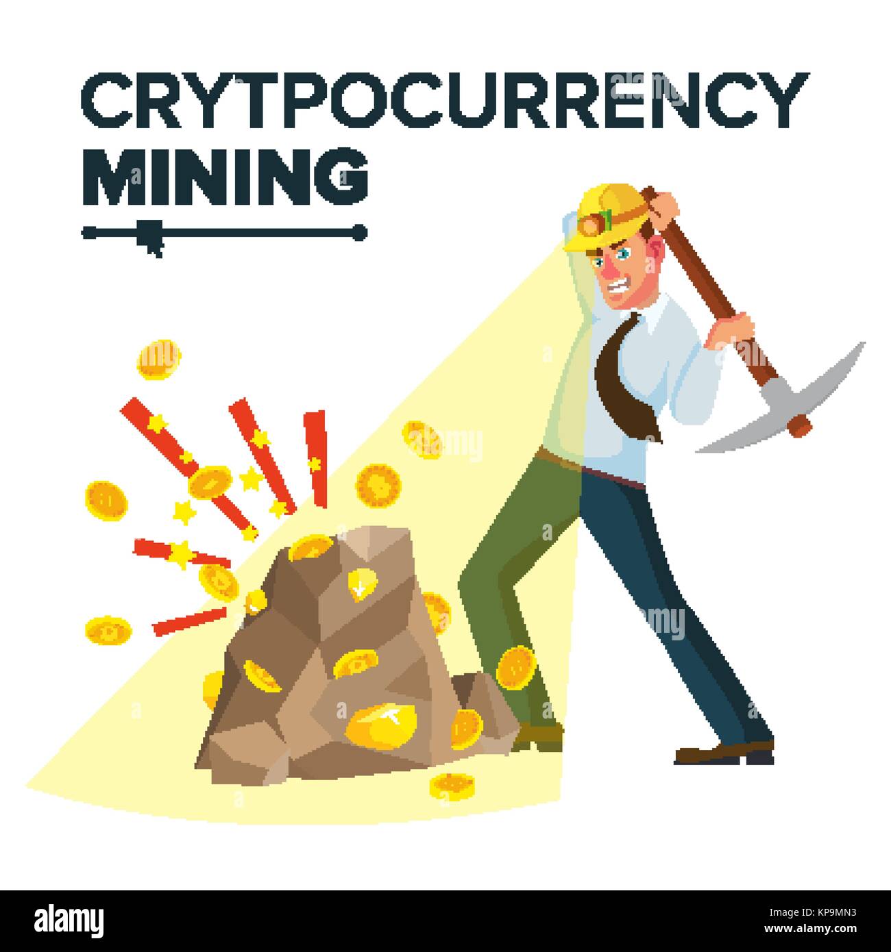 Miner Young Male Vector. Mining Gold Coins. Cryptocurrency Concept ...
