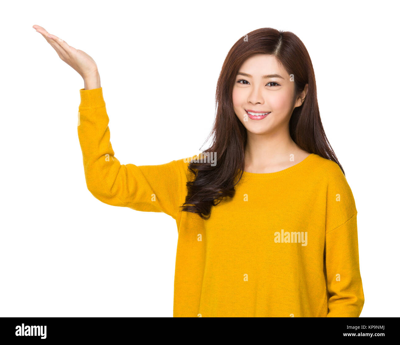 Young woman with open hand palm Stock Photo - Alamy