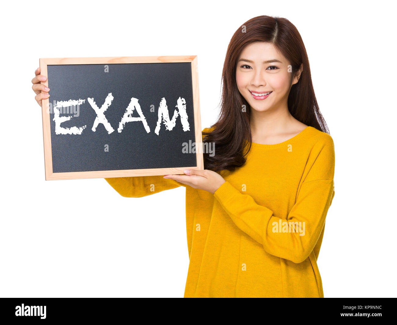 Young woman hand hold with the blackboard showing a word exam Stock ...