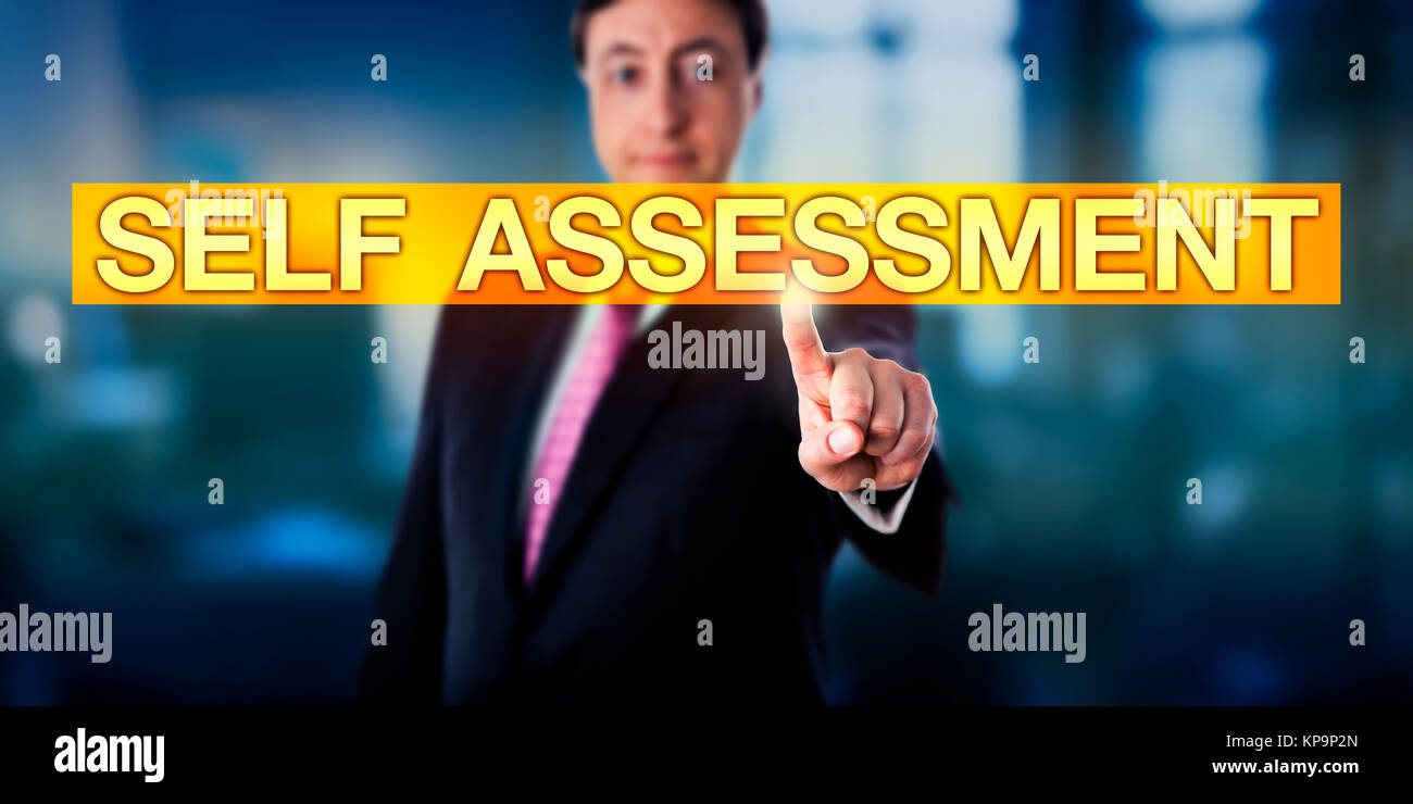 Happy Manager Pressing SELF ASSESSMENT Stock Photo - Alamy