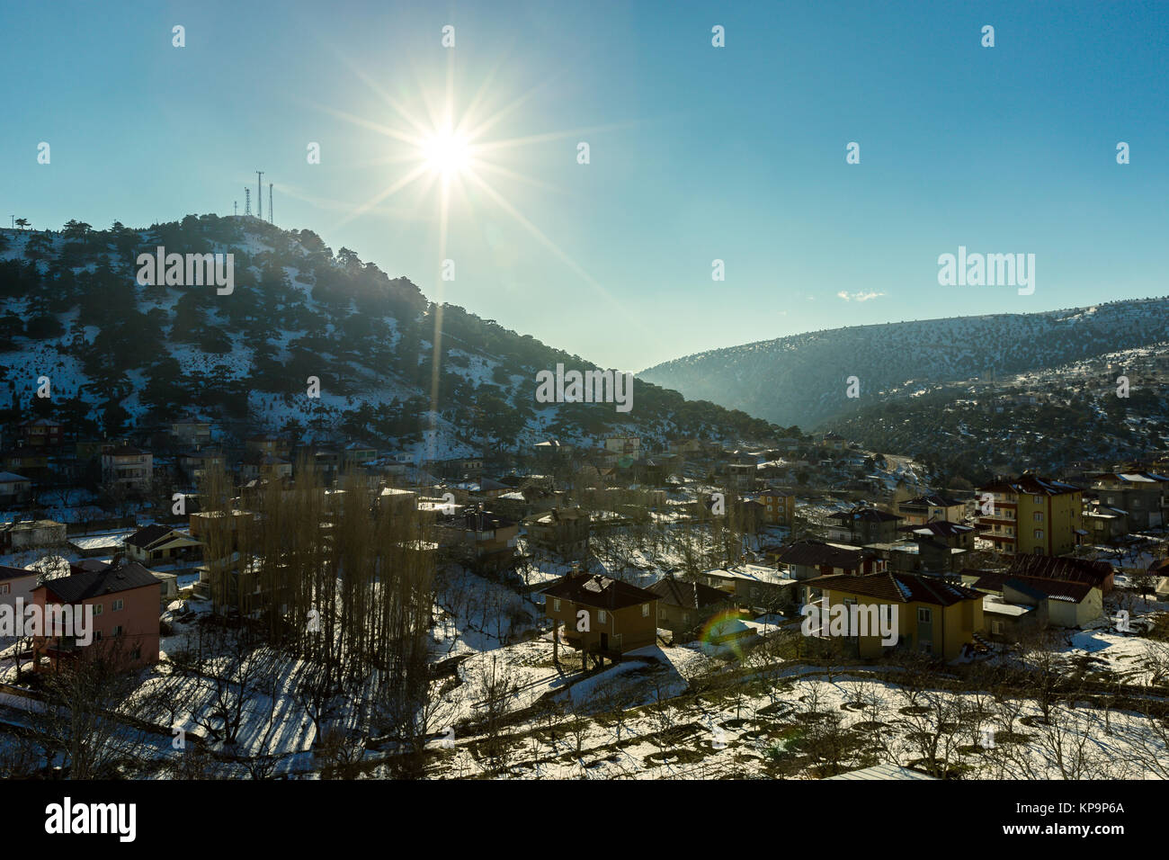 View of snow covered houses at Sertavul mountain pass in a snow cold ...