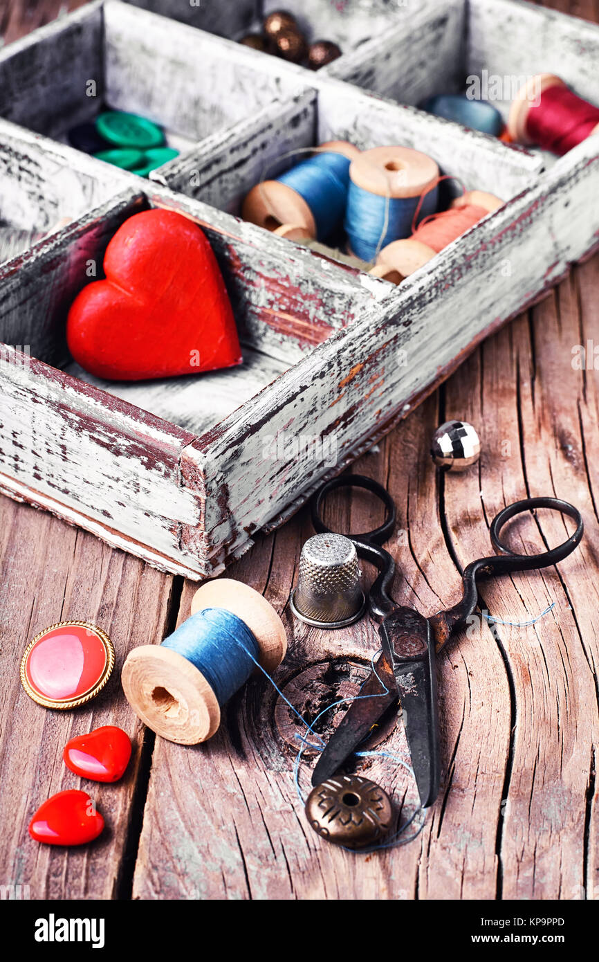 Wooden sewing box with threads,buttons and symbolic heart Stock Photo ...