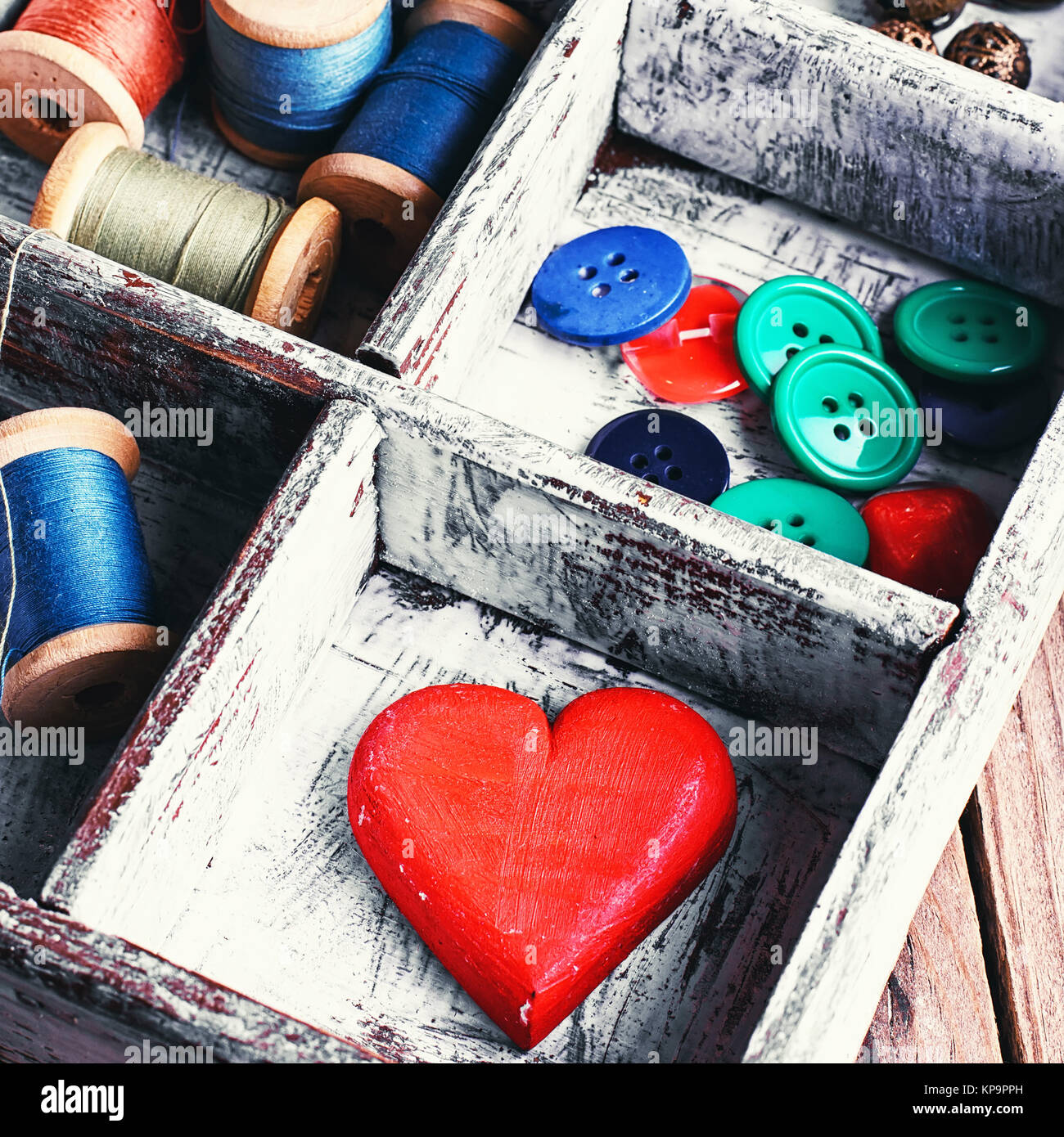 Wooden sewing box with threads,buttons and symbolic heart Stock Photo ...