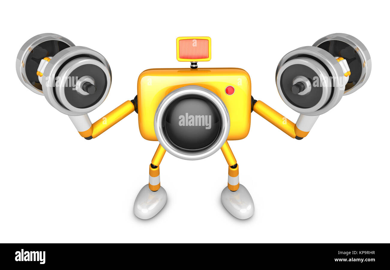 3D Yellow Camera character a Dumbbell curl Exercise. Create 3D Camera ...