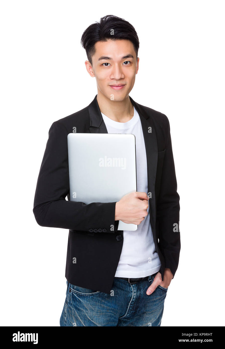 Asian Businessman hold with laptop computer Stock Photo - Alamy